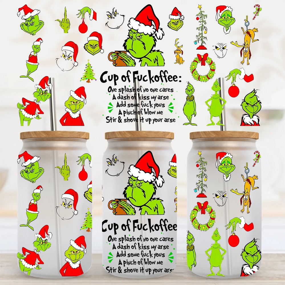 #80 UV DTF transfer wrap 16oz Grinch fuckcoffee - ZMDesigns